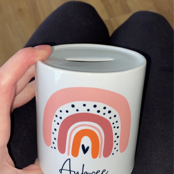 Personalised Rainbow Money Box, Boho or Blue Ceramic Piggy Bank for ...