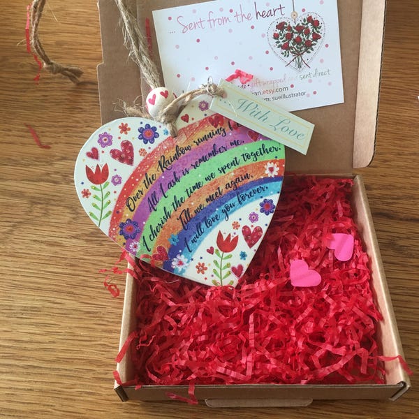 Beautiful Leaping Hare and Bluebird Illustrated Wooden Heart Hanger ...