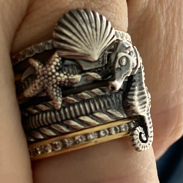 Seahorse Ring Seashell Starfish Stacking Set in Sterling Silver - Etsy