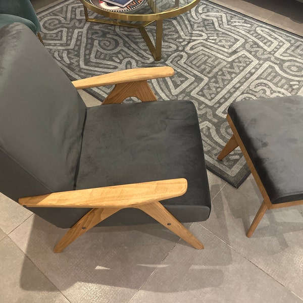 Mid-century Modern Armchair in Beige Linen, Handmade Vintage-style ...