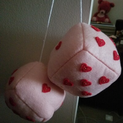 Oversized Pastel Pink Boho Car Dice With Red Hearts, Interior Rearview ...