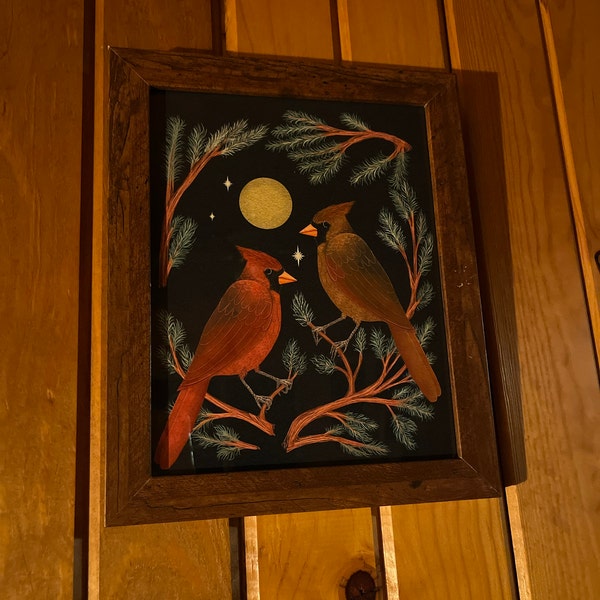 Cardinals and Pine Folk Art Nature Print - Colorful Birds and Moon ...