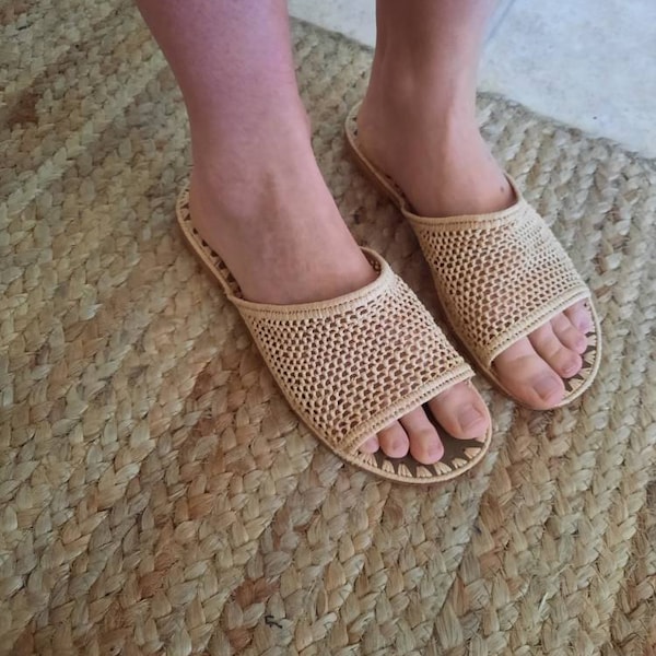 Fringed Raffia Shoes / Raffia Slippers / Raffia Sandals / Raffia Slides ...