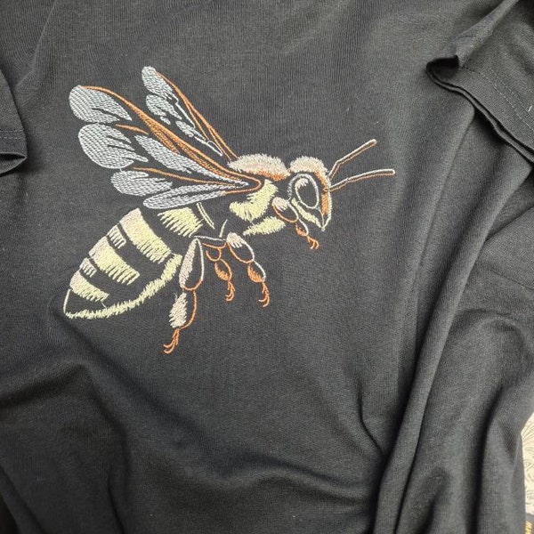 Realistic Honeybee Embroidery Design - Lifelike Bee Art on Black Fabric ...