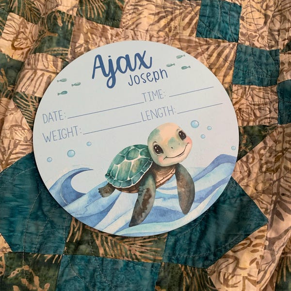 Turtle Birth Stat Sign, Ocean Birth Stat Sign, Round Wood Birth Stat ...