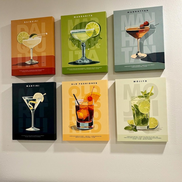 Retro Cocktail Drinks Poster Set of 6 Printable Wall Art, Mixology ...