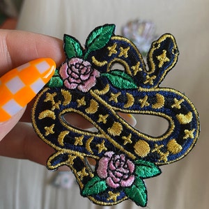Snake & Moon Phases Patch Iron on Embroidered Patches for Jackets Celestial Serpent With Pink ...