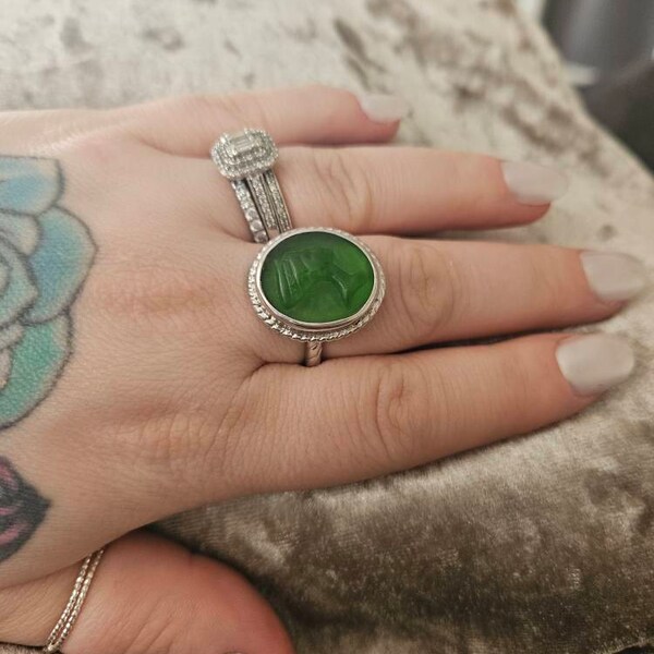 24K Gold Plated Nefertiti Coin Signet Glass Intaglio 925 Silver Ring ...