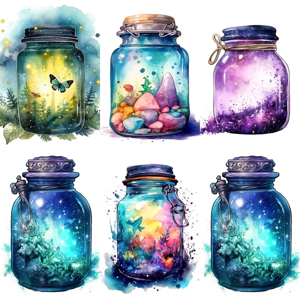 25 PNG Watercolour Magical Jars Clipart, Fantasy Clipart, Mystery Mason ...