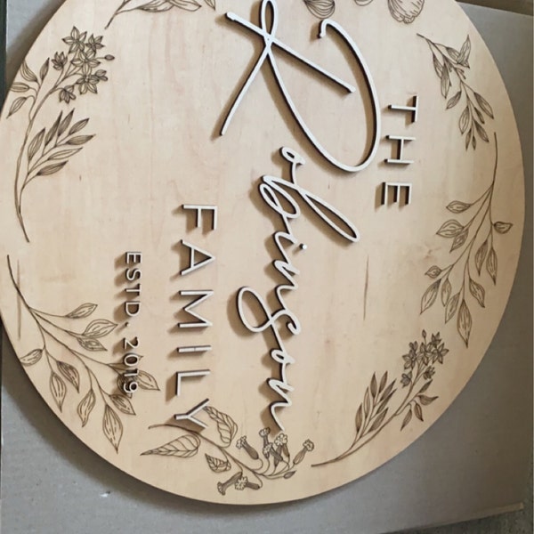 Round Family Last Name Sign With Engraved Botanical Frame and Raised ...