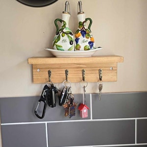 Dark Oak Waxed Wall Mounted Key Holder With Shelf black Hooks Key ...