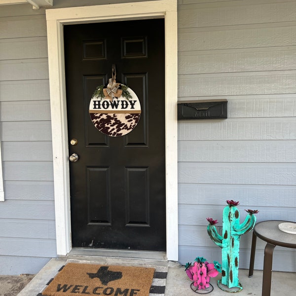 Howdy, Cowhide Door Hanger, Cowprint, Farmhouse Door Hanger, Western ...