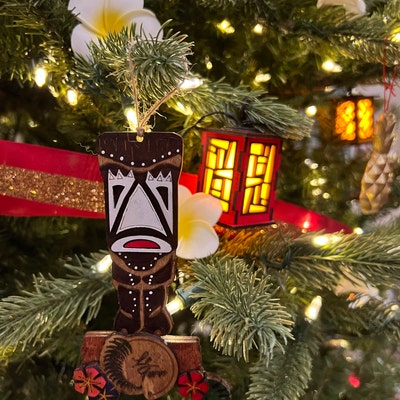 Tiki Christmas Tree Ornament Set Mele Kalikimaka Mini Hawaiian Record ...