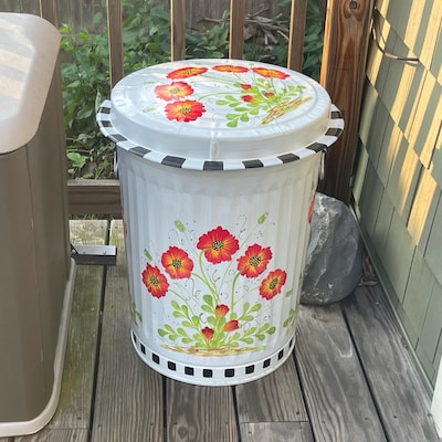 Hand Painted Trash/garbage Can 20 Gallon Light Blue Wash With Greenery ...