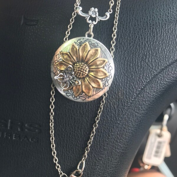 Sunflower Necklace, Sunflower Locket Necklace, Silver Sunflower Locket ...