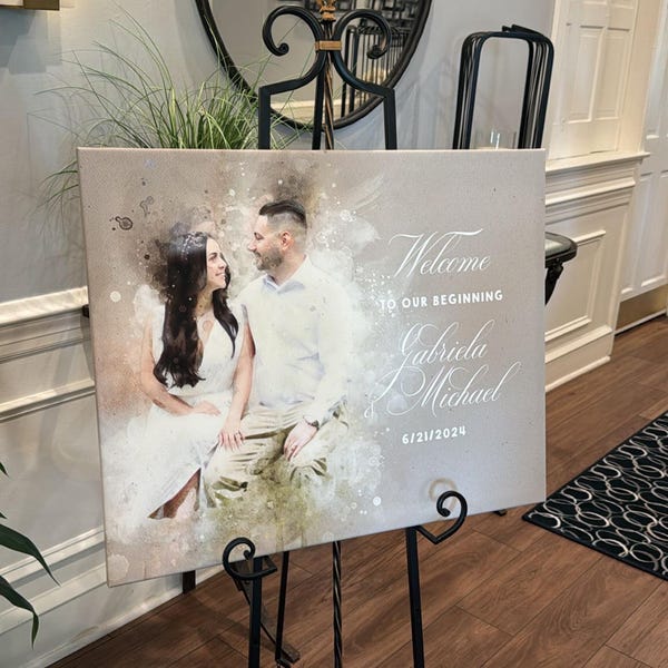 Wedding Welcome Sign Watercolor Couple Portrait,, Photo Wedding Sign ...