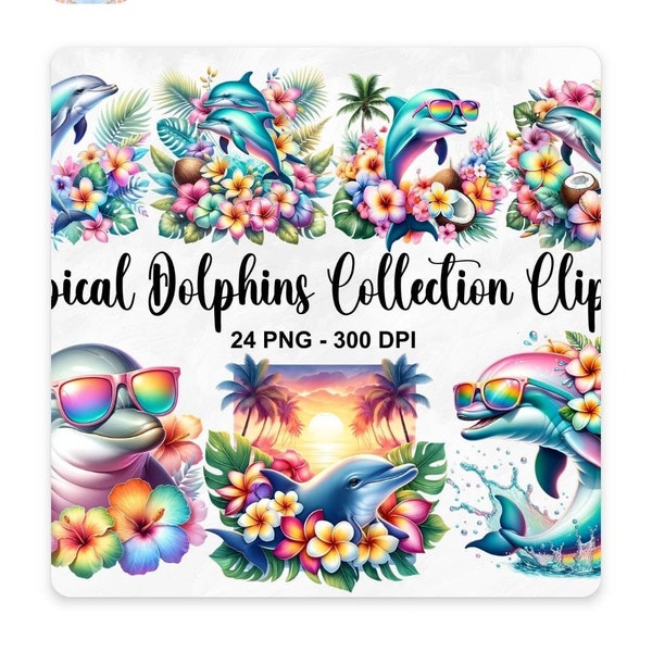 Watercolor Tropical Dolphins Collection Clipart, 24 PNG Sea Animal ...
