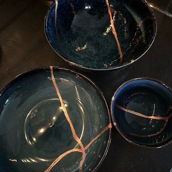 Kintsugi Bowl, Kintsugi Blue Bowl, Kintsugi Pottery, Minimalist, Home ...