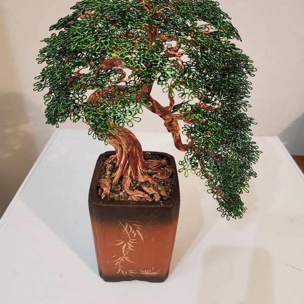 Art Wire Bonsai Tree Sculpture With Dark Green Leaves. up to 12 Inches ...
