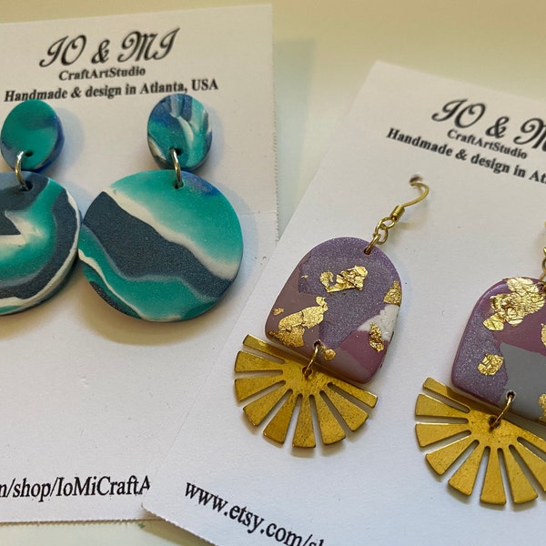 Earrings, Blue and Gold Earrings Clay, Blue Earrings Resin, Handmade ...