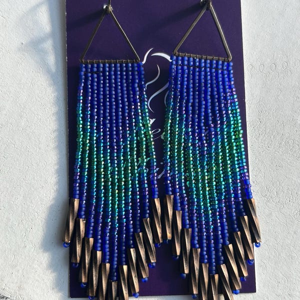 Peacock's Pride Beaded Triangles, Seed Bead Fringe Earrings - Etsy
