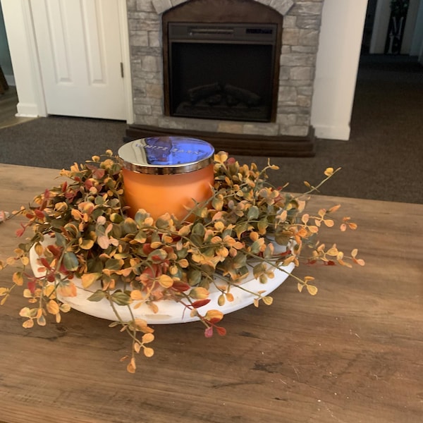 Fall/autumn Candle Ring With Ash Greenery ,tiny Cream Pumpkins , Brown ...