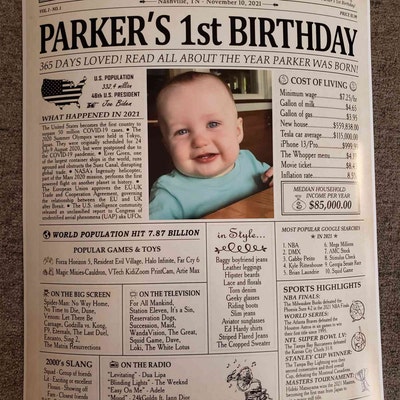 1st Birthday Newspaper Poster Sign, 1st Birthday Gift for Son or ...
