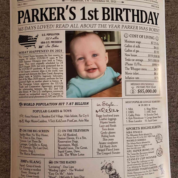 1st Birthday Newspaper Poster Sign, 1st Birthday Gift for Son or ...