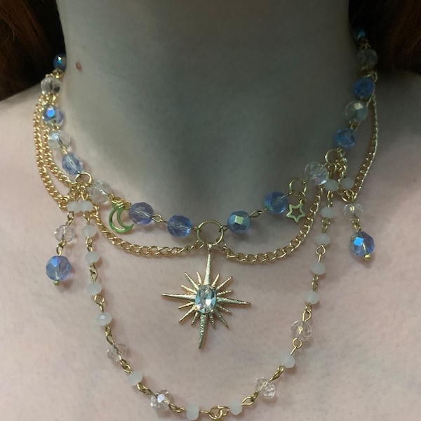 Blue Czech Beaded Fairycore Necklace: Gold Star Pendant, Handmade - Etsy