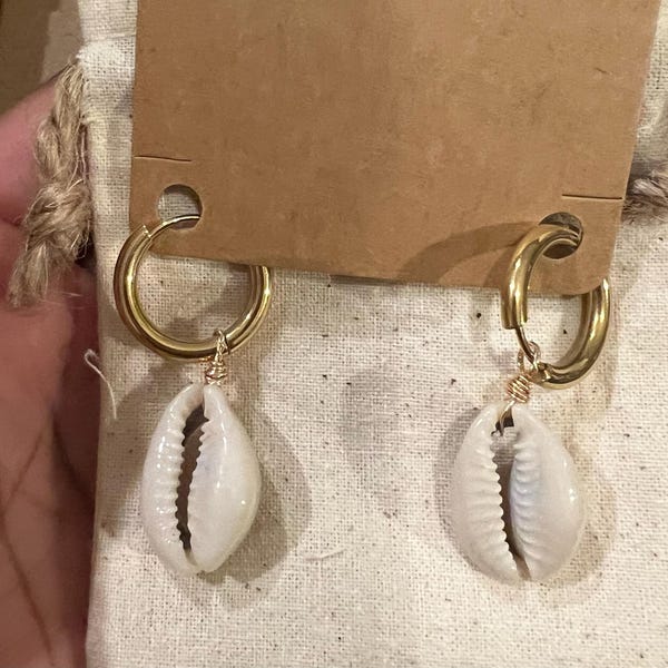 Cowrie Shell Earrings, Waterproof 18k Gold Hoops, Ocean Jewelry, Nature ...