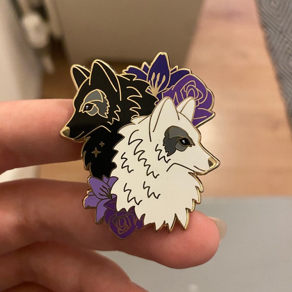 Wolf Enamel Pin Wolves Yin Yang Enamel Pin Black and White Wolf Flower ...
