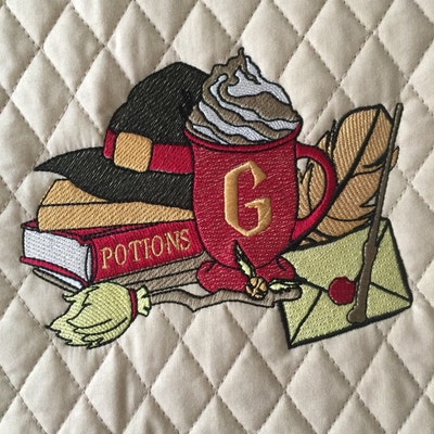 Red Wizard Books With Broom, Wand and Potion Sketch Filled Embroidery ...