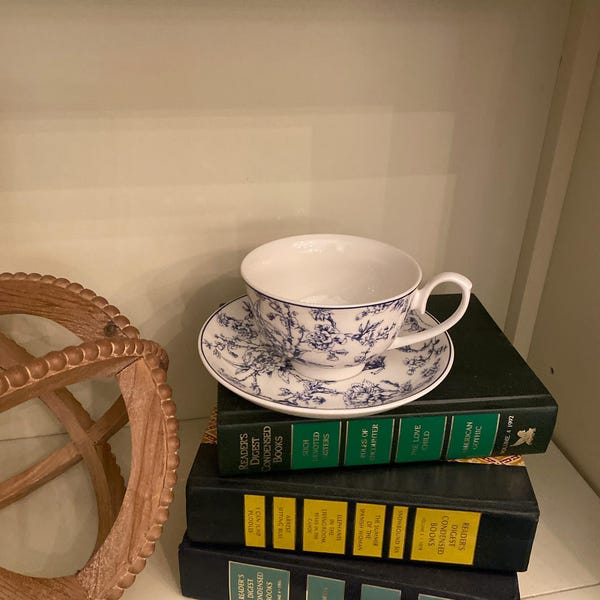 Blue and Cream Toile Tea Cup and Saucer | French Country Chinoiserie ...