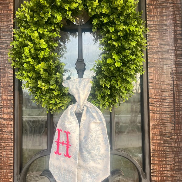 Monogram Floral Chinoiserie Wreath Sash for Front Door, Personalized ...