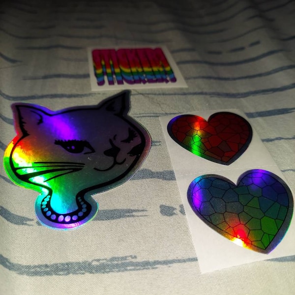 Holographic Winking Cat Sticker Reflective Rainbow Black Outline - Etsy