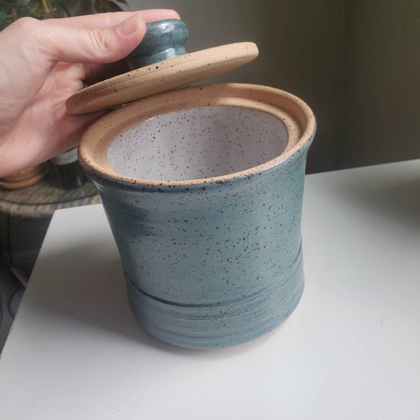 One of a Kind Jar With Lid Two Toned Green Handmade Pottery Lidded Jar ...
