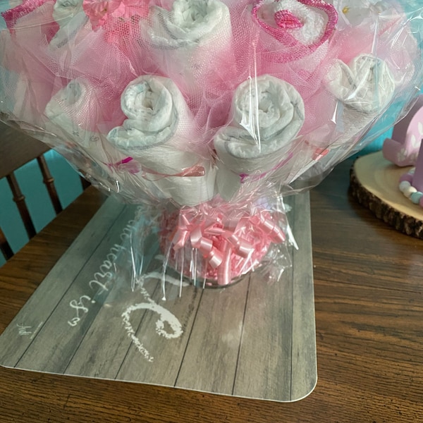 Diaper Cake Bouquet Baby Onesie, Baby Washcloths, Tulle, Glass Vase ...
