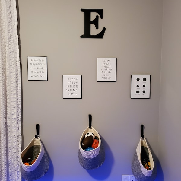 Set of 4 Black Alphabet Numbers Days Art Print, Shapes, Black Alphabet ...