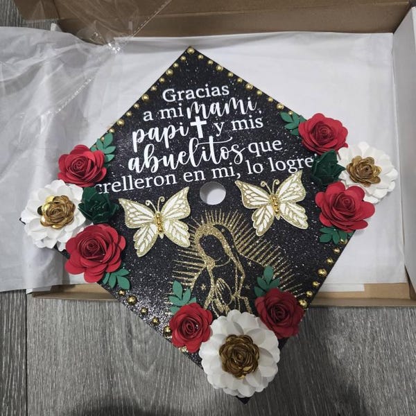 Blue Graduation Cap Topper, Paper Flower Grad Cap, Gold Beaded ...