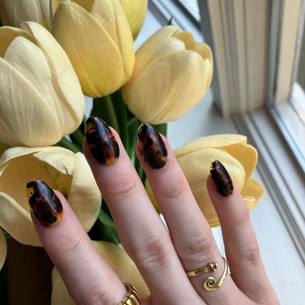 18pc Blue Trendy Tortoise Shell Press on Fake Nails - Hand Painted ...