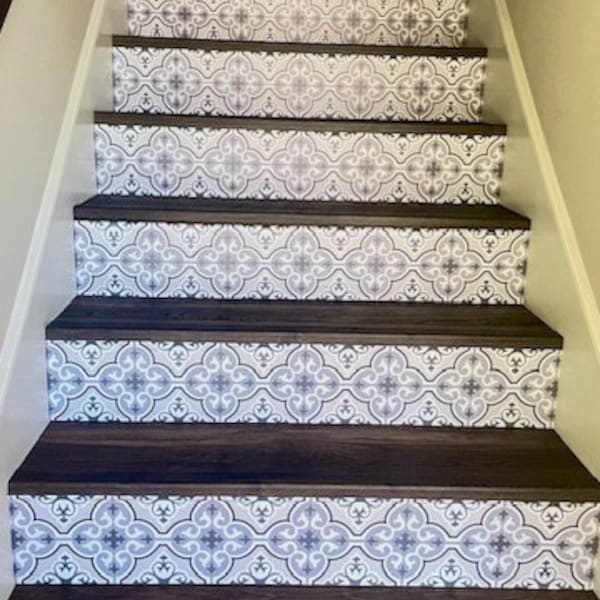Grey Moroccan Tile Stair Sticker B, Peel and Stick Stair Riser, Vinyl ...