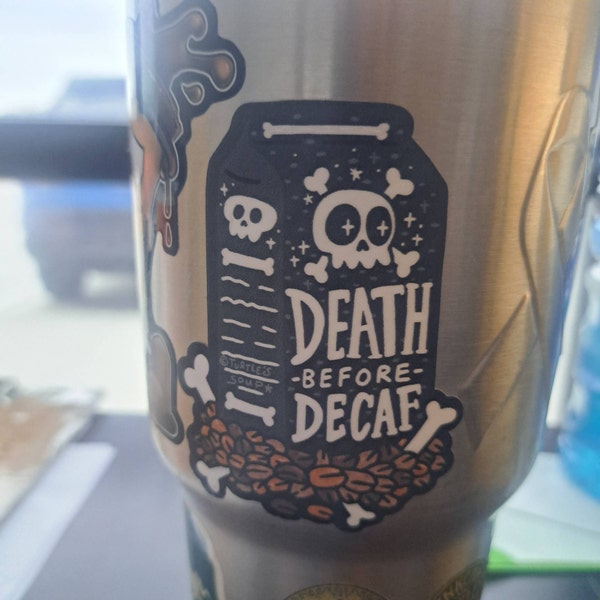 Death Before Decaf, Coffee Bag Sticker, Funny Sticker Art, Morbid ...
