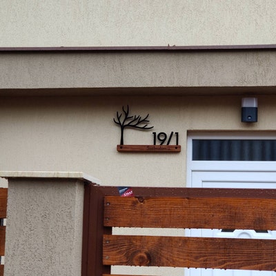 Modern House Numbers Tree 02 Wooden & Acrylic Signs African Teak Iroko ...