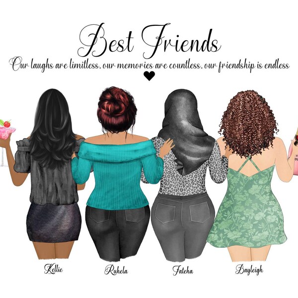 Personalised Group of Friends Print, Best Friend Print, Portrait, Plus ...