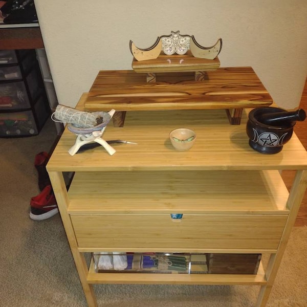 2 Altar Table Set, 2 Tier Altar Tables, Teak Wood, Crystal Shelf, Small ...