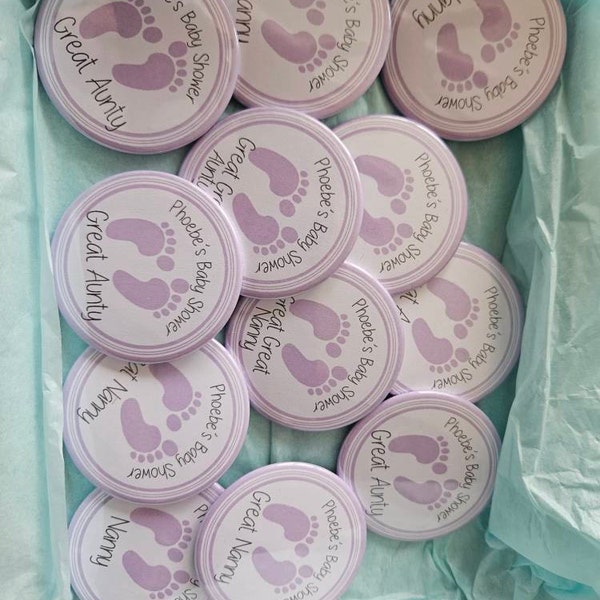 Personalised Baby Shower Badges With Baby Feet 6cm - New Baby Party ...