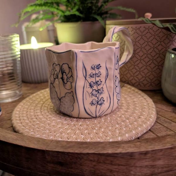 Handmade Unique Blue Floral Ceramic Mugs - Hand Painted Rustic Ceramic ...