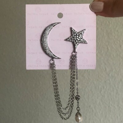 Handmade Pearl Detailed Crescent and Star Brooch With Real Zirconia ...
