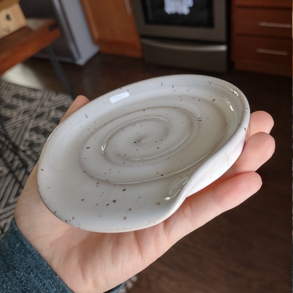 Speckled White Ceramic Spoon Rest – Modern Pottery, Neutral Stovetop ...