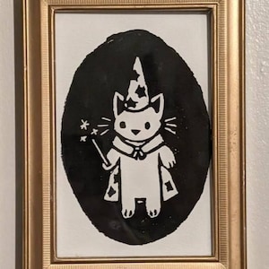Magical Wizard Cat Linocut Block Print 4 X 6 Mini Print Printmaking ...